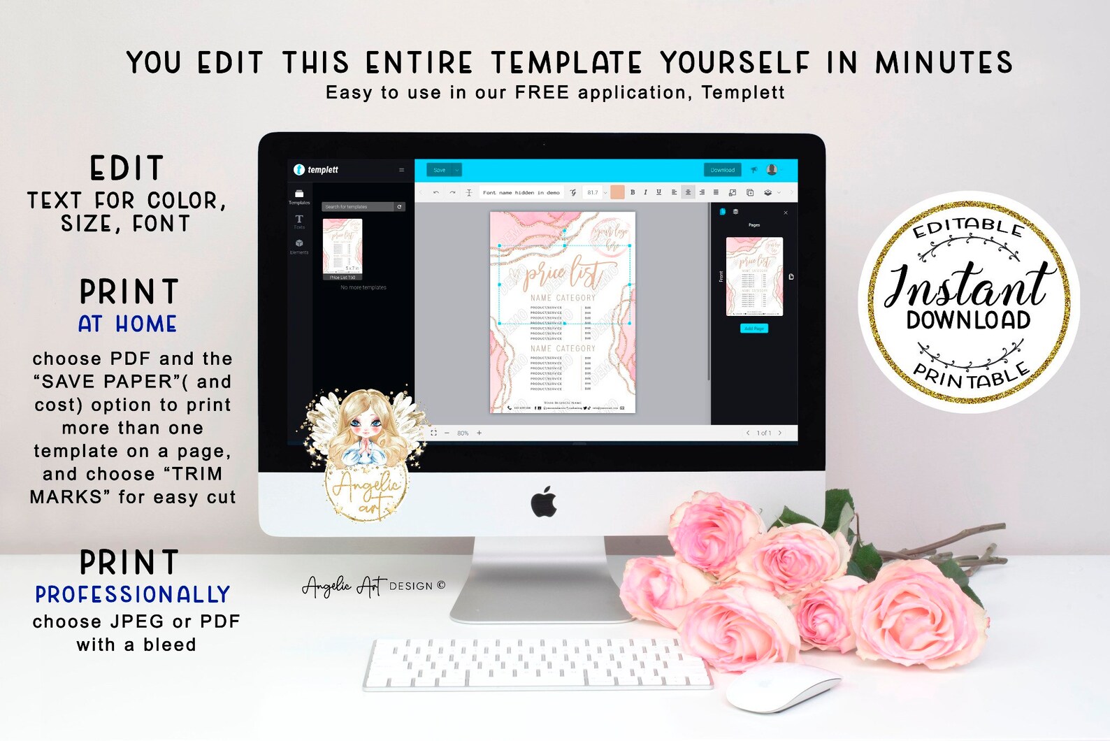 JOY - Hot Pink Gold Glitter Price List Template, EDITABLE Printable Diy ...