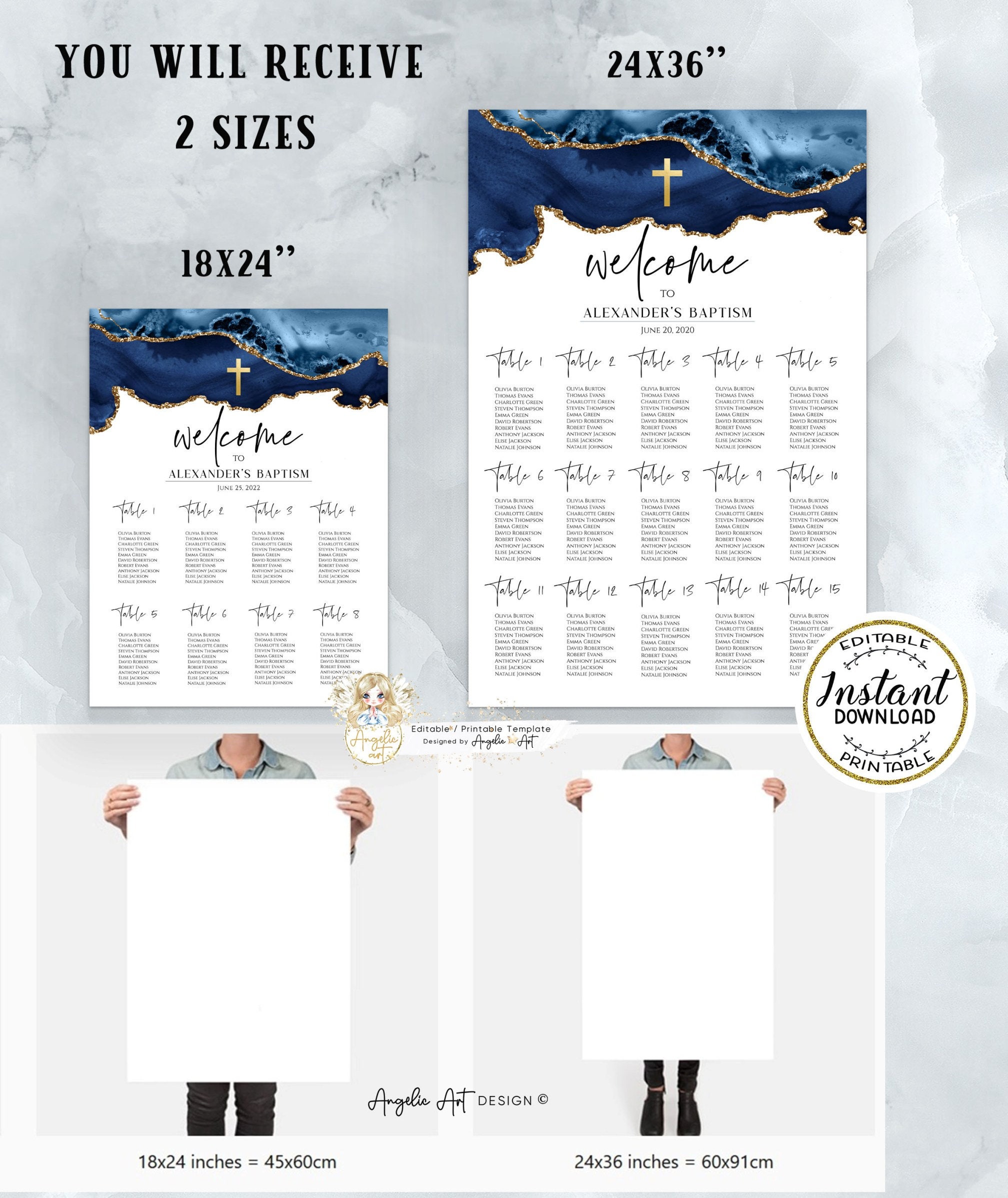 Deep Blue Gold Baptism Seating Chart Template 2 SIZES Please - Etsy