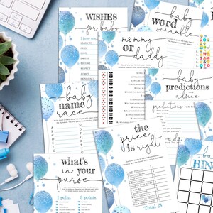 Blue Balloons Baby Shower Games Bundle • Download Baby Boy Shower ...