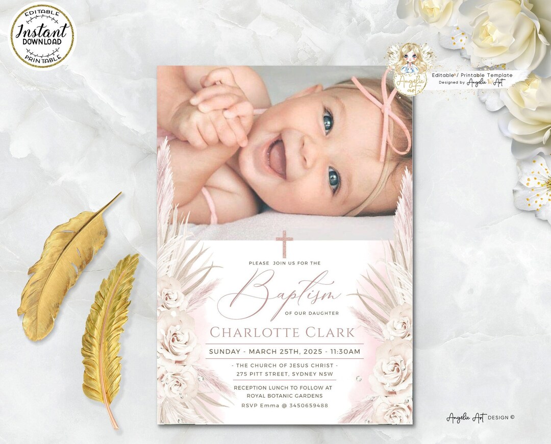 LUNA - Boho Girl Baptism Invitation Template With Photo Baptism Boho ...