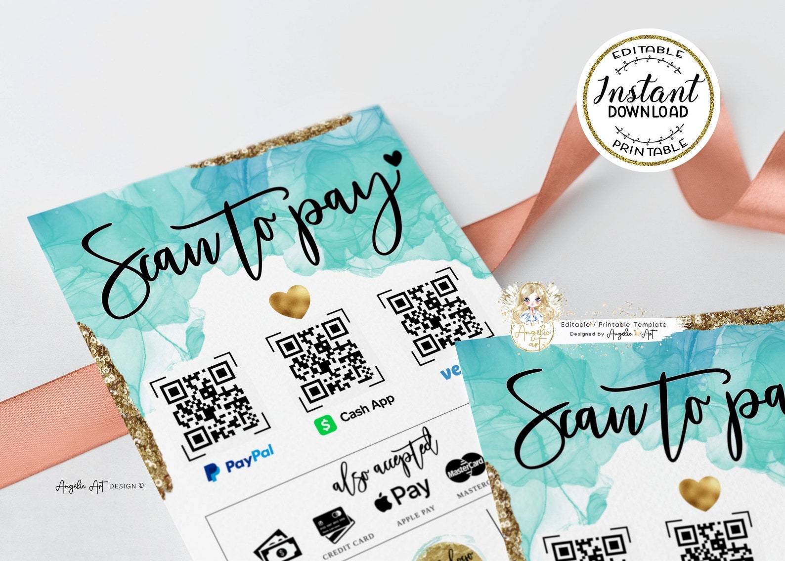 NYMPH Editable Scan to Pay Template Teal Gold Qr Payment - Etsy