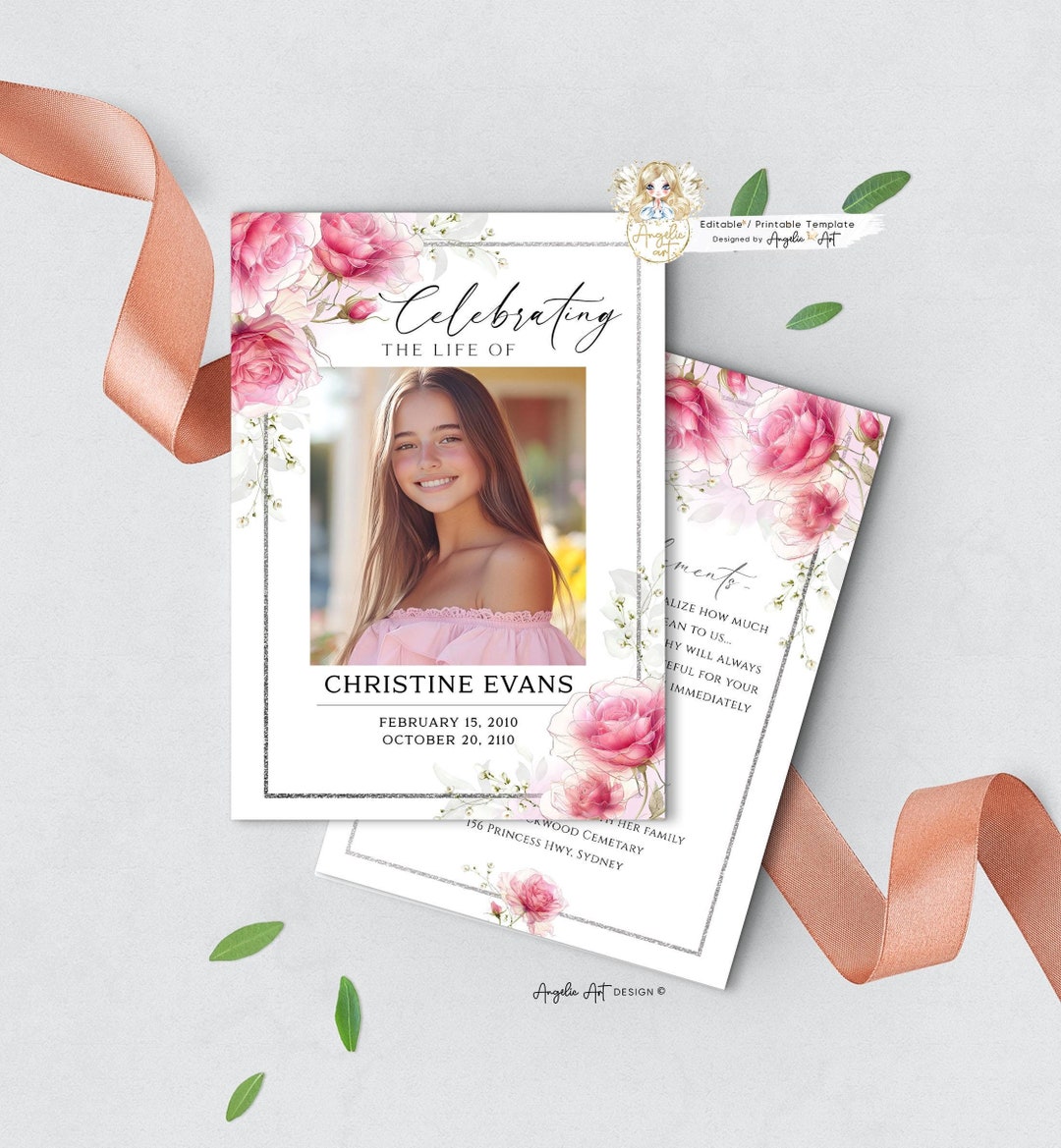 Pink Roses Funeral Program Template EDITABLE Printable Memorial Service ...