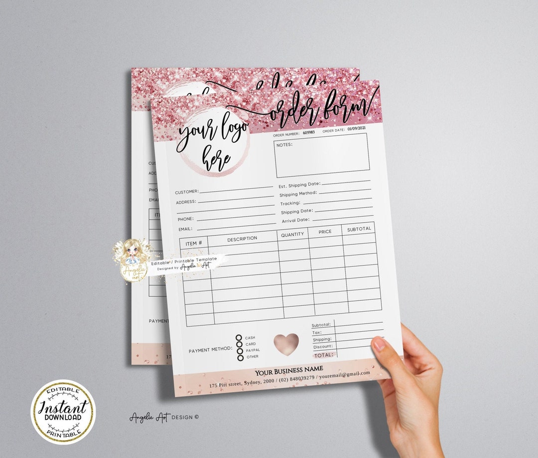 GLAM - EDITABLE Rosegold Glitter Order Form Template Add Your LOGO ...