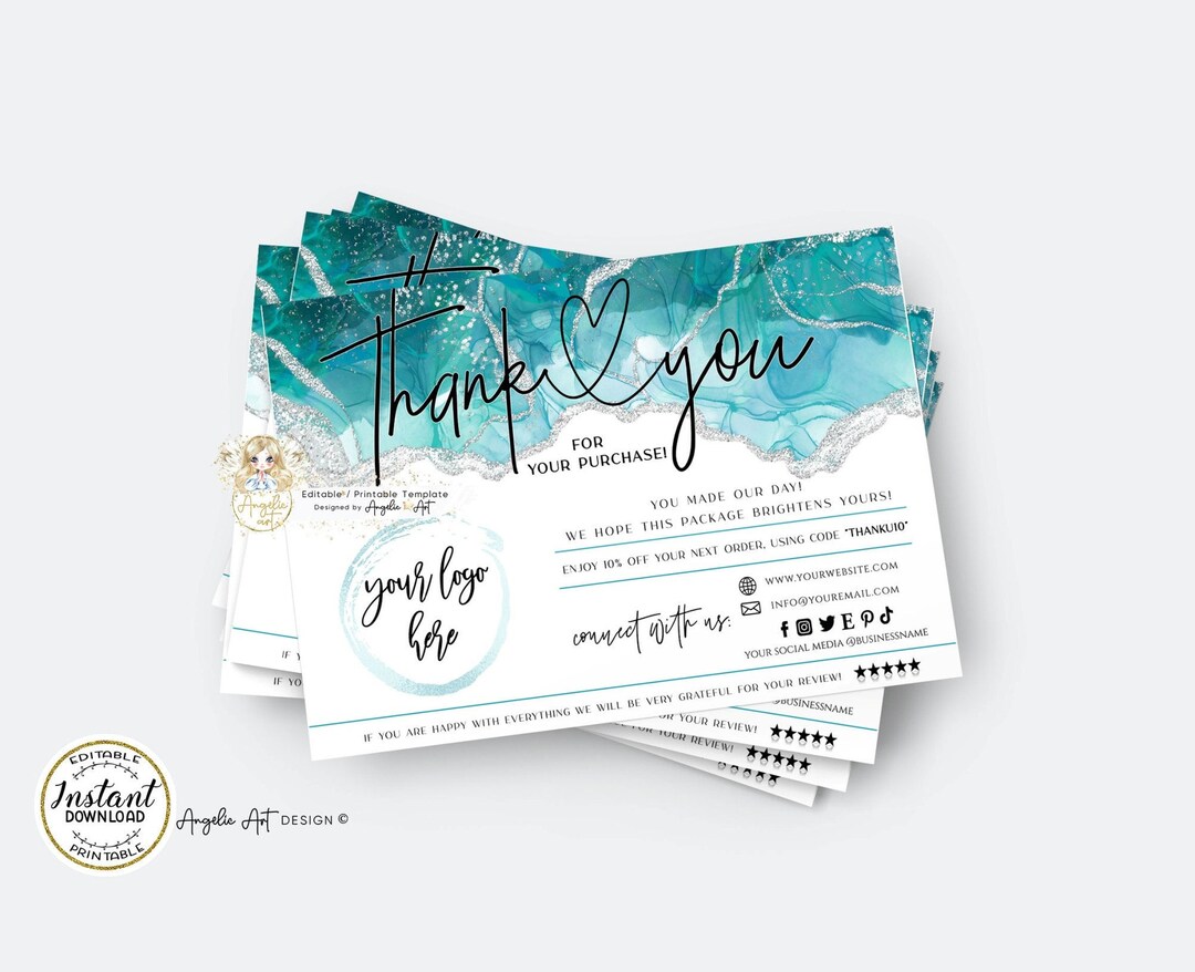 SIREN - Teal Silver Business Insert Card Template - Editable Aqua Small ...