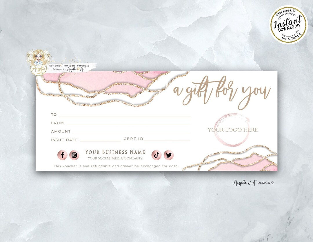 BLOSSOM - Blush Pink Gold Gift Certificate Template, EDITABLE Modern ...