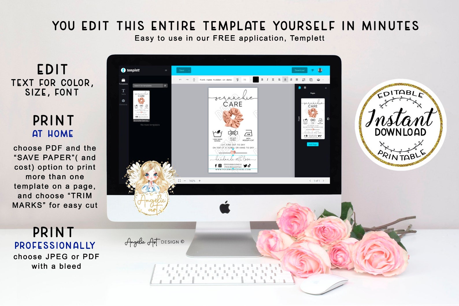 SCRUNCHIE Washing Care Instructions Template, EDITABLE Printable Modern ...