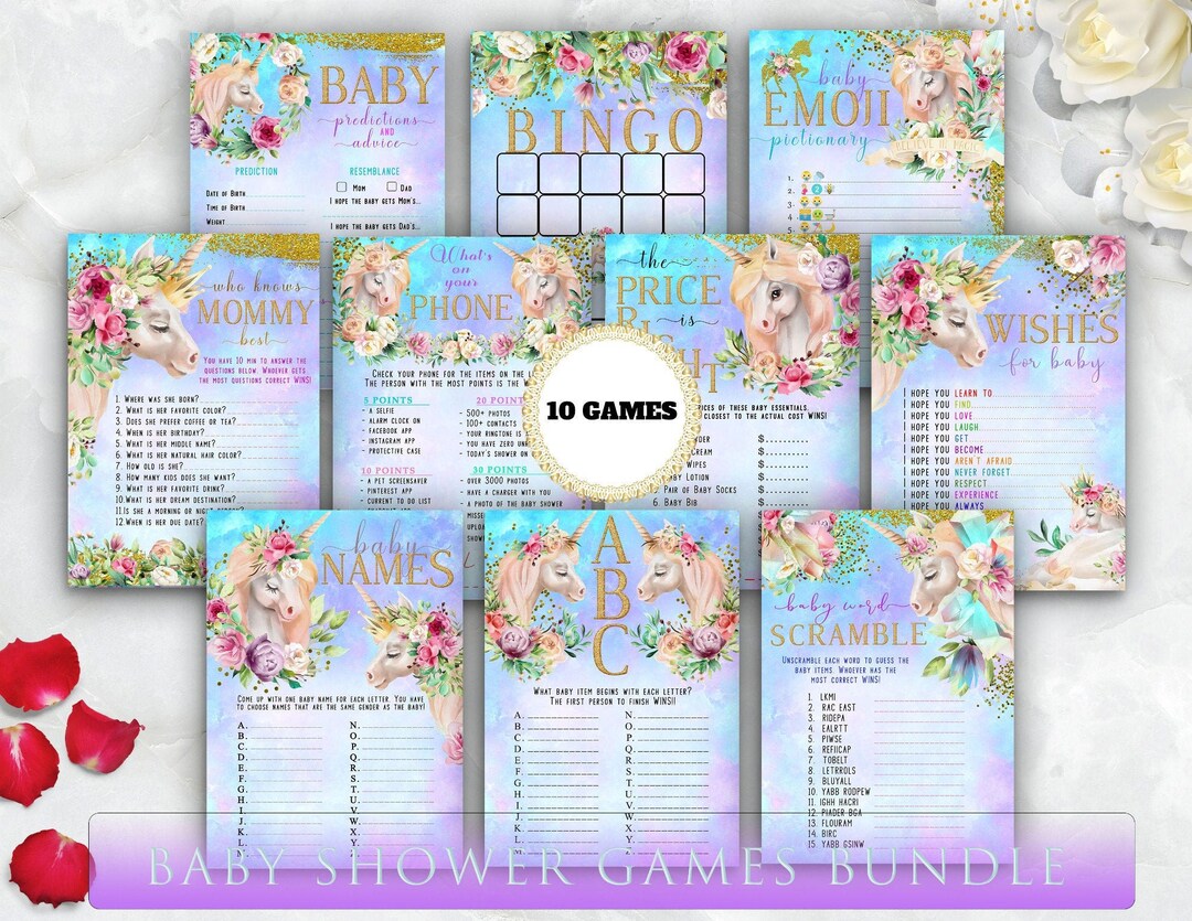 UNICORN Gold Baby Shower Games Bundle 10 Baby Shower Games Package for ...