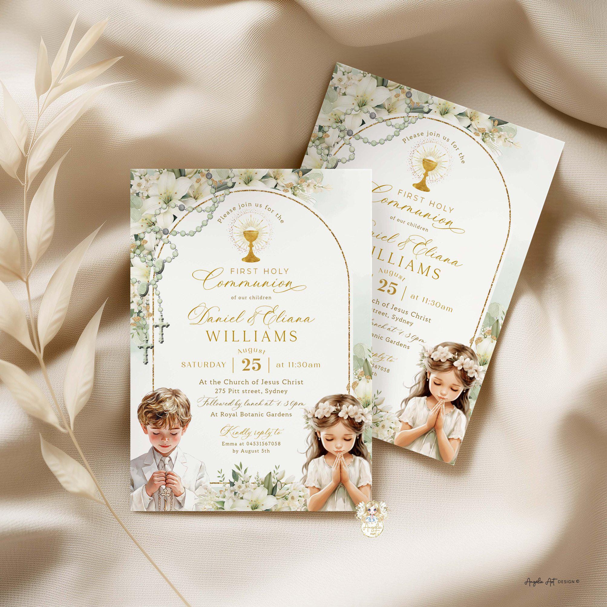 ALEX - White LILY Boy Girl Twins First Holy Communion Invitation ...