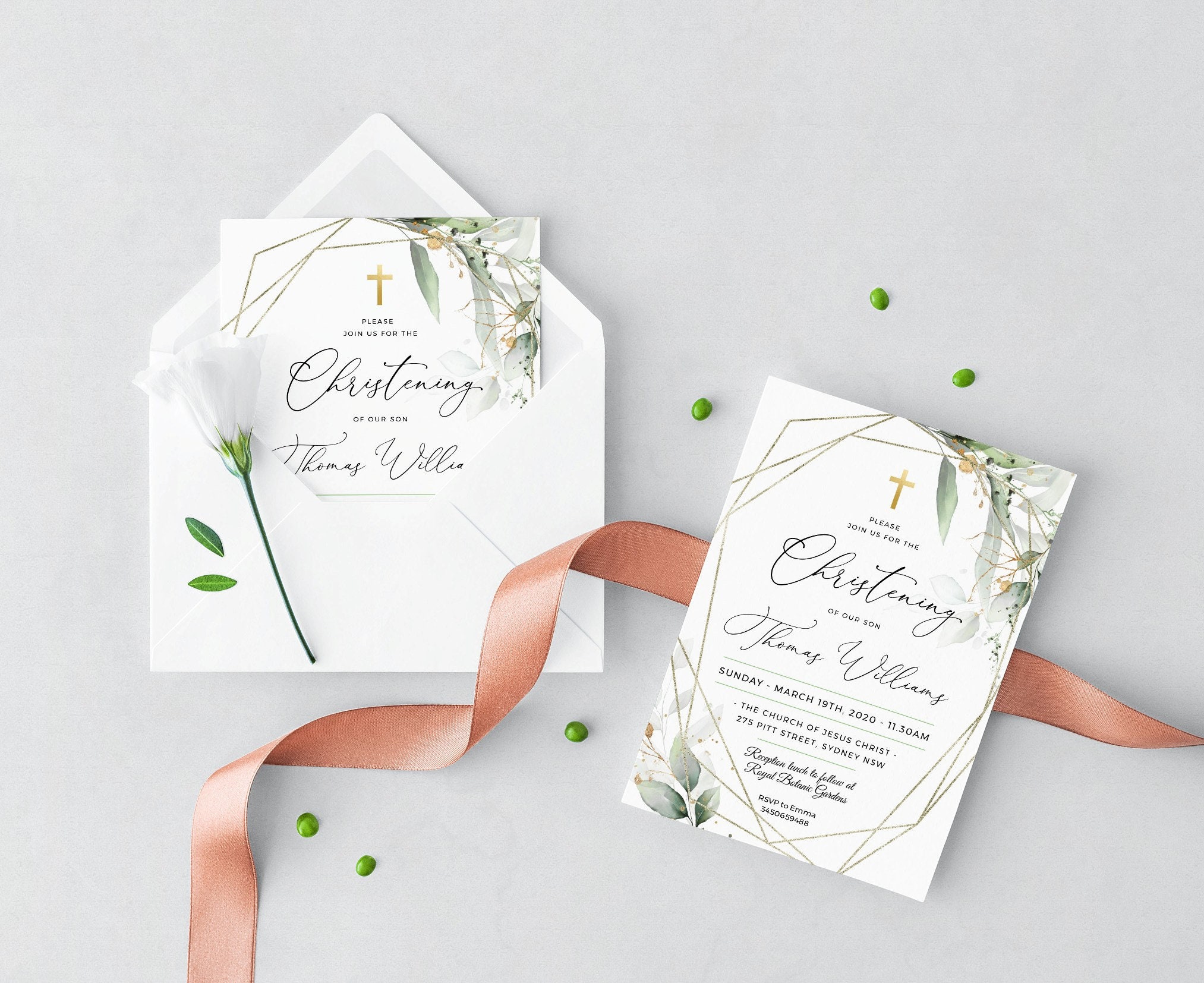 Greenery Gold Christening Invitation Template Watercolor | Etsy