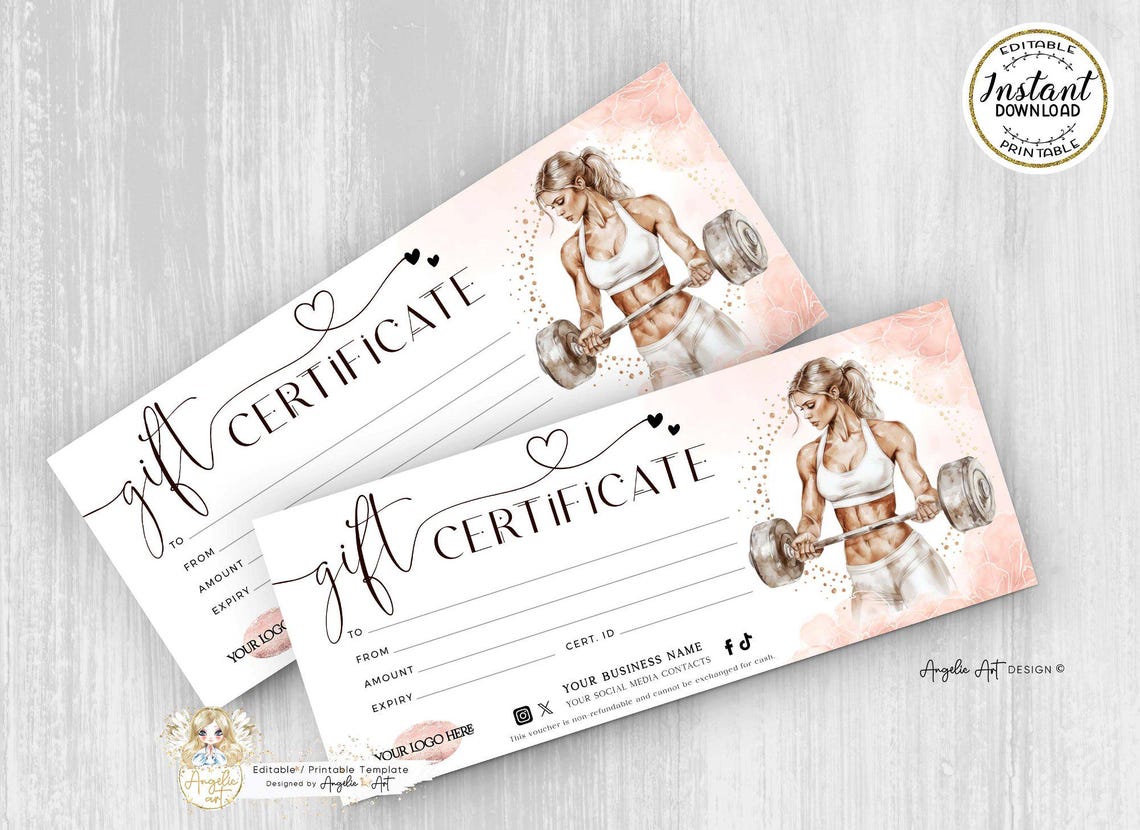 FITNESS Workout Personal Trainer Gift Certificate Template, Rosegold ...