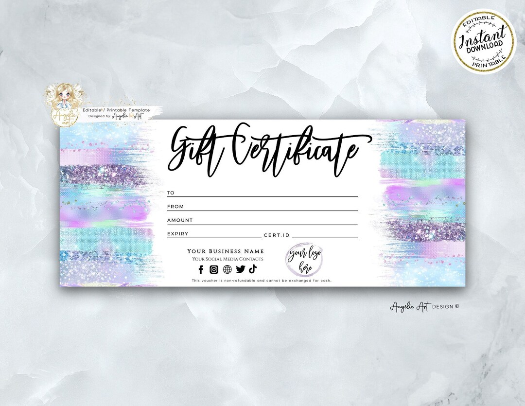 Holographic Glitter Gift Certificate Template EDITABLE Modern Gift ...