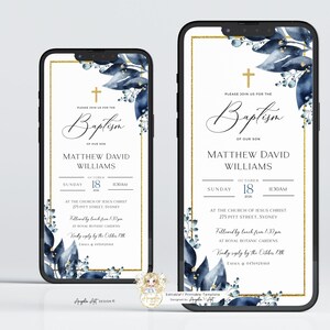 ST PETER Blue Gold Boy Baptism Evite Template Blue Leaves Boy Baptism ...