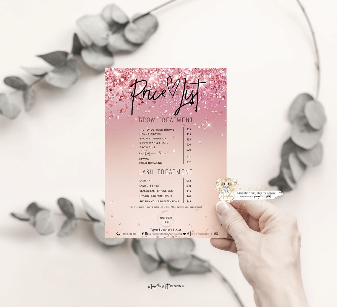 GLAM ROSEGOLD Glitter Glam Price List Template Editable - Etsy