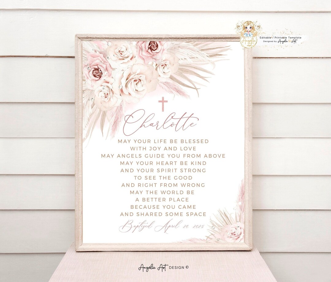 LUNA Blush Pink Boho Baptism Blessing Sign, Boho Floral Baptism ...