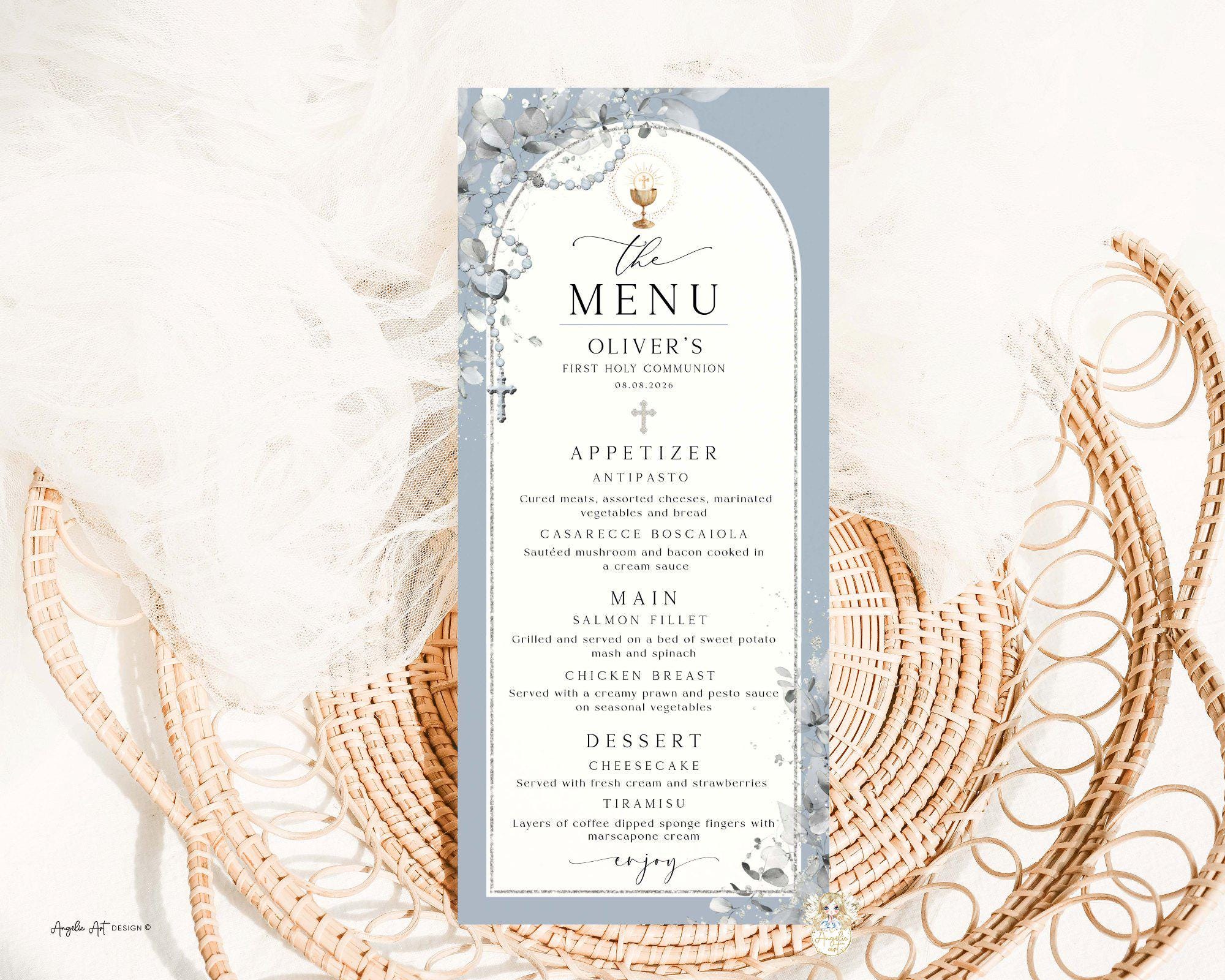 MATEO - Editable DUSTY Blue Silver First Holy Communion Menu Template ...