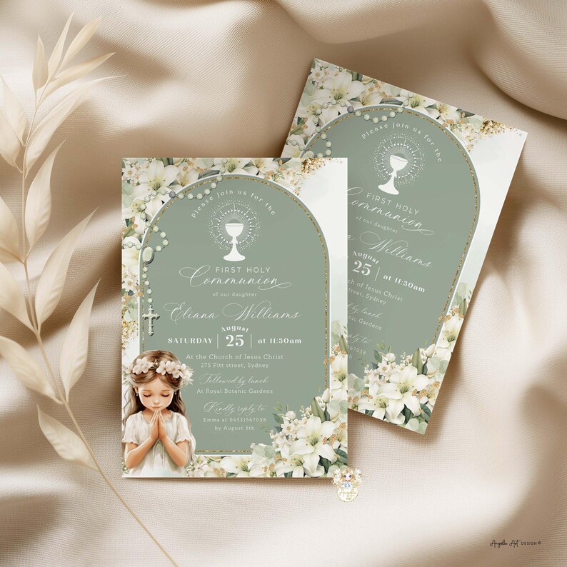 ALEX - White LILY Girl First Holy Communion Invitation, Greenery Gold ...