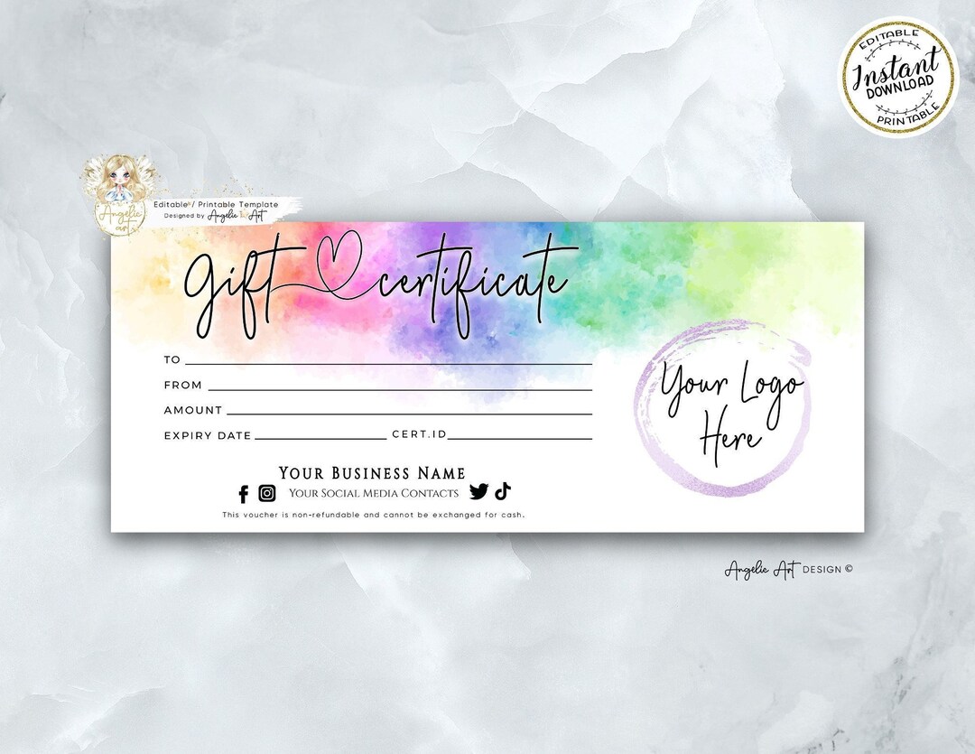 IRIS RAINBOW Gift Certificate Template, Watercolor Gift Voucher ...