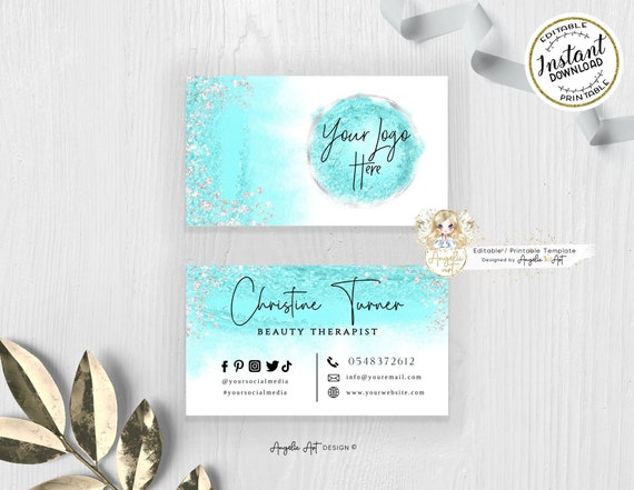 AQUA Business Card Template Aqua Silver Glitter Watercolor - Etsy