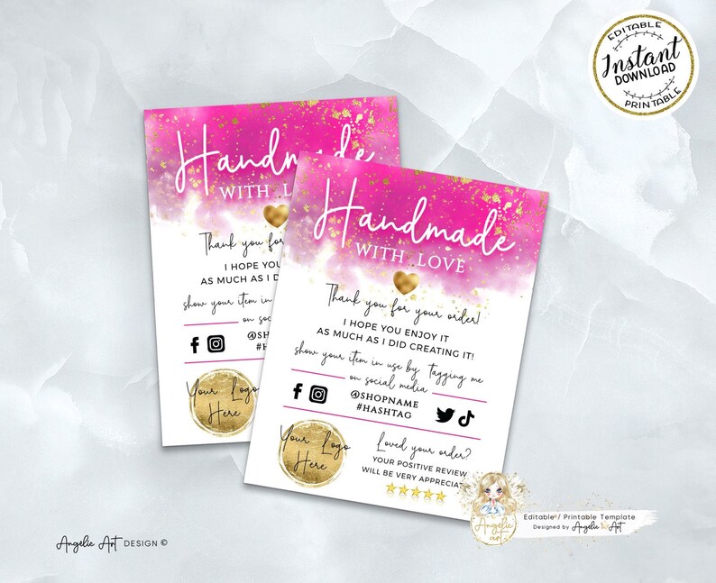 JOY Hot Pink Gold Glitter Handmade Business Insert Card - Etsy