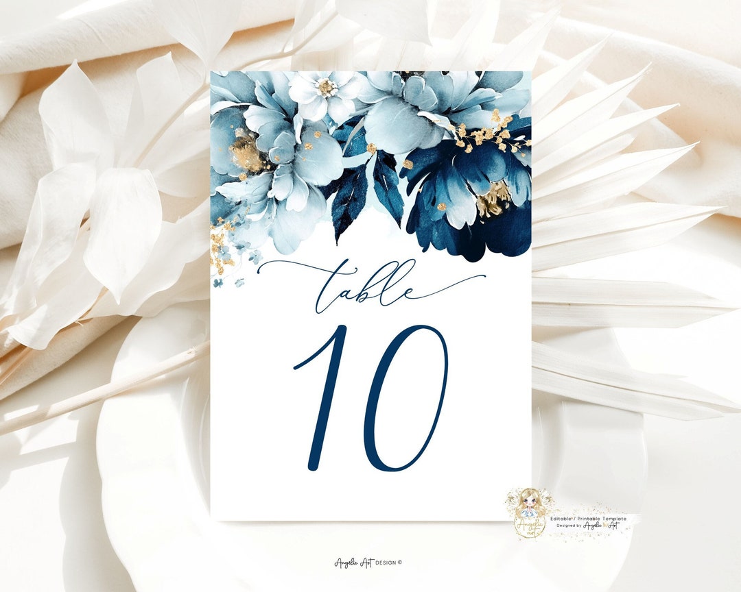 LIAM - Blue Gold Floral Table Numbers Template, Watercolor Navy Blue ...