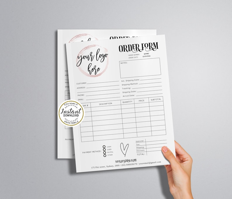 EDITABLE Printable Order Form Template ADD Your LOGO Business Invoice ...