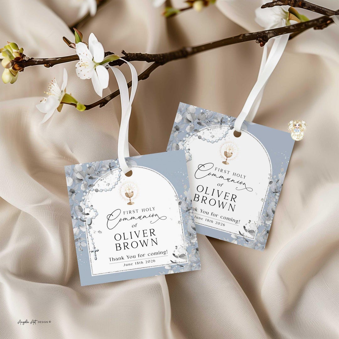 MATEO - DUSTY Blue Silver First Holy Communion Boy Favor Tag Template ...