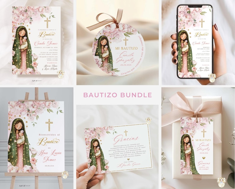 Virgen De Guadalupe Bautizo Bundle Niña, Spanish Pink Floral Baptism ...