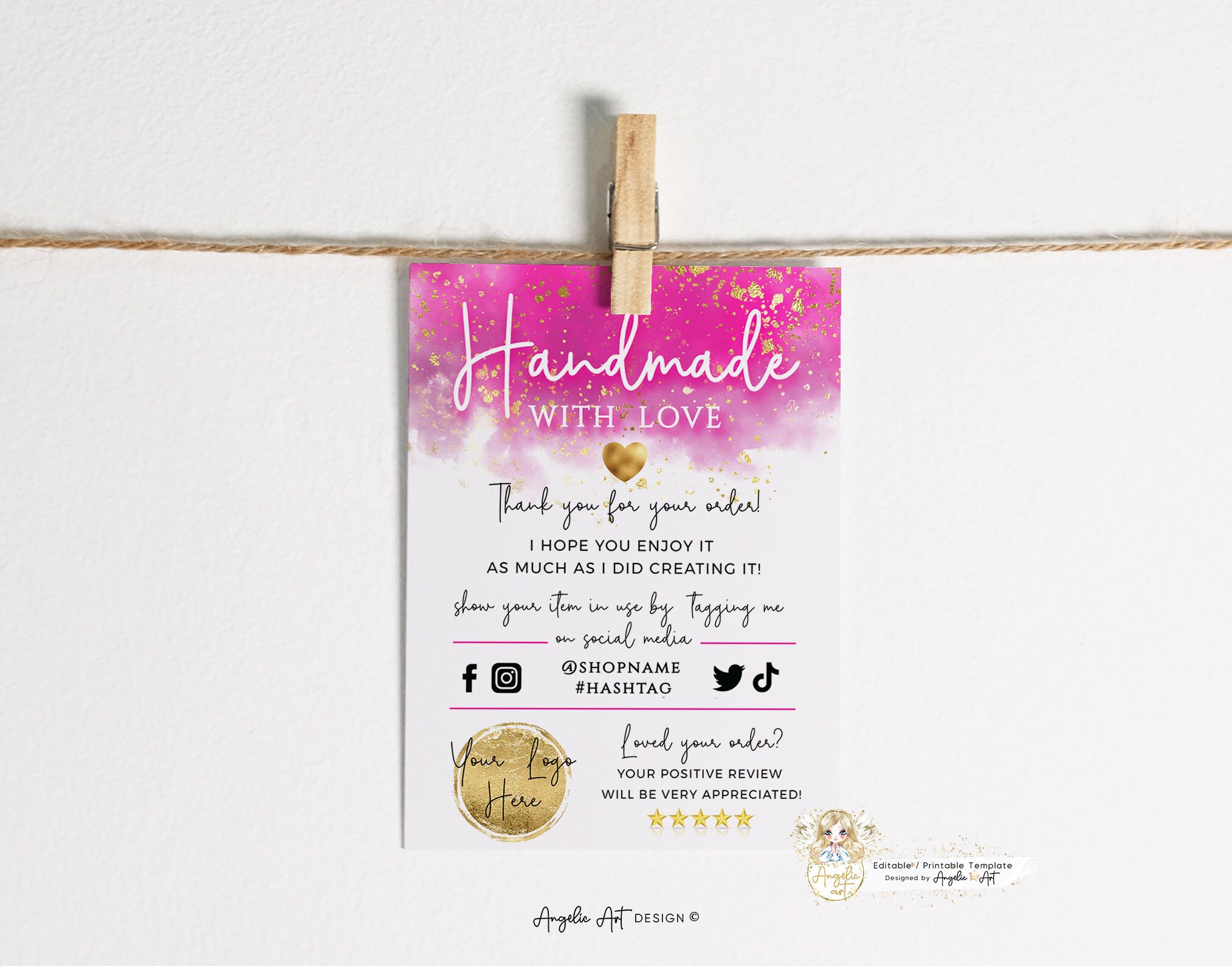 JOY Hot Pink Gold Glitter Handmade Business Insert Card - Etsy