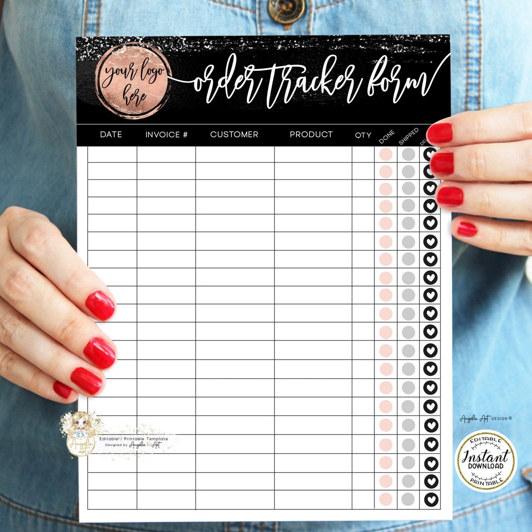 NOIR - Black Rose Gold Order Tracker Form Template, EDITABLE Black ...