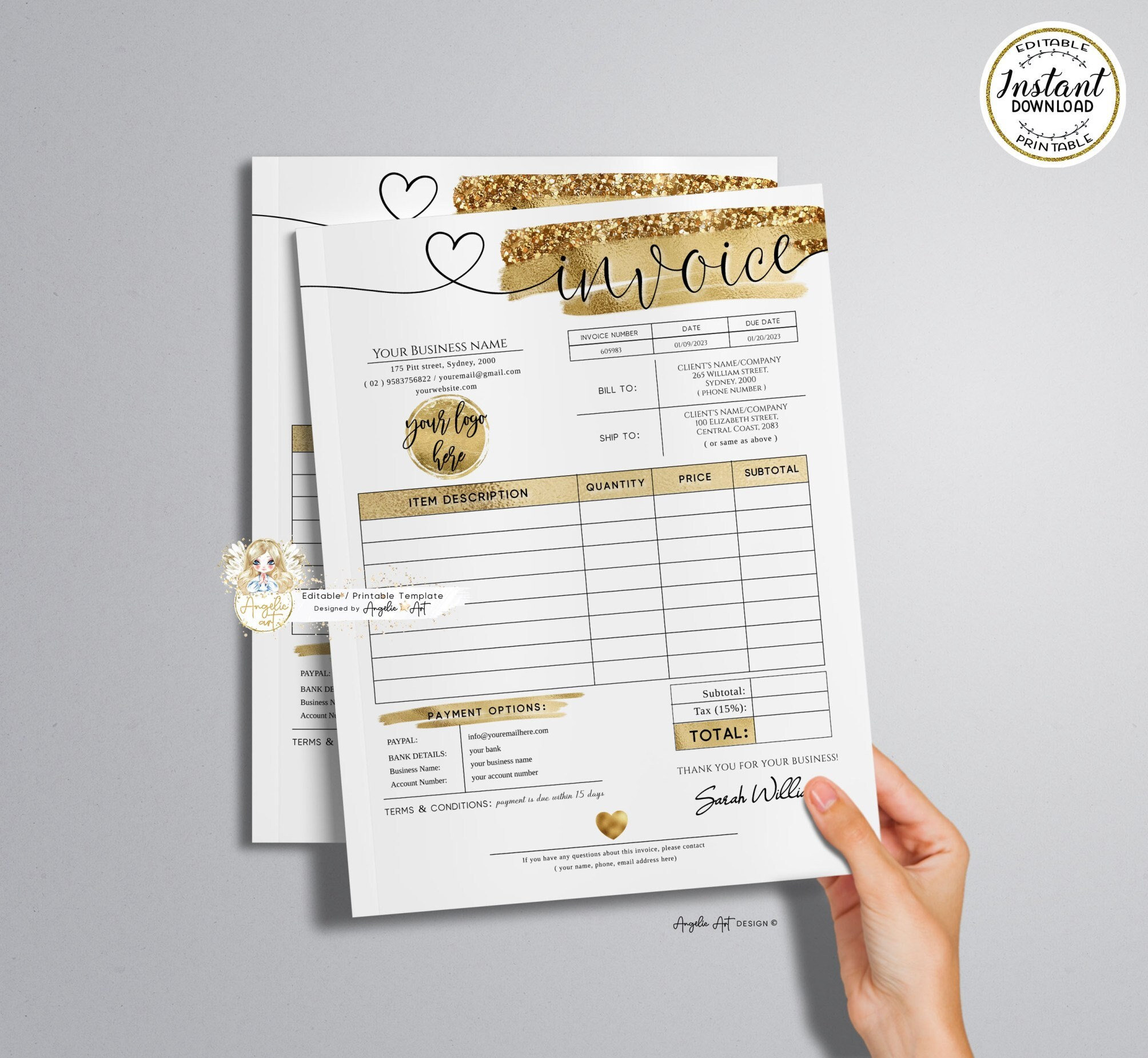 ORO - Modern Gold INVOICE Form Template, Gold Printable Invoice Form ...