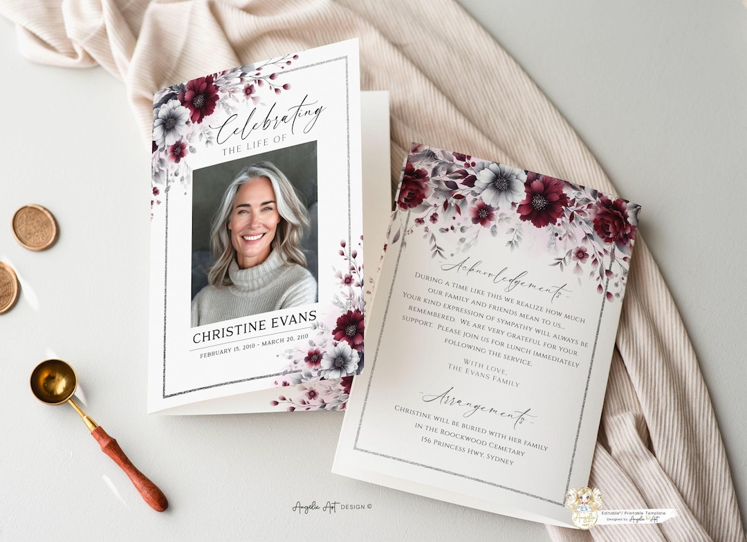 Editable Burgundy Red Floral Folded Funeral Program Template Memorial ...