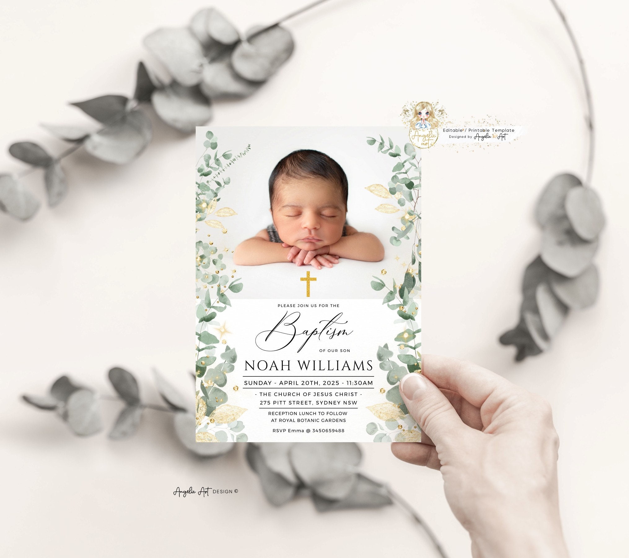 LEVI - Greenery Gold Baptism PHOTO Invitation Template Editable Photo ...