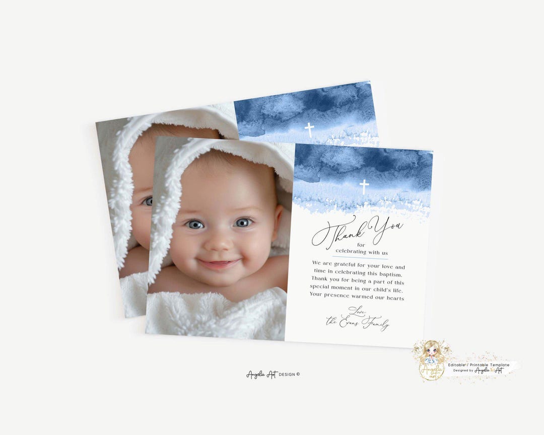 NOAH - Navy Blue Watercolor Photo Baptism Thank You Card, EDITABLE Boy ...
