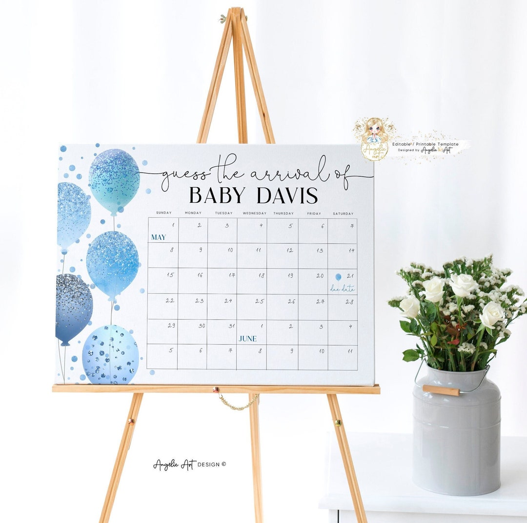 Balloons Baby Shower Due Date Calendar Template, Editable Blue Glitter ...