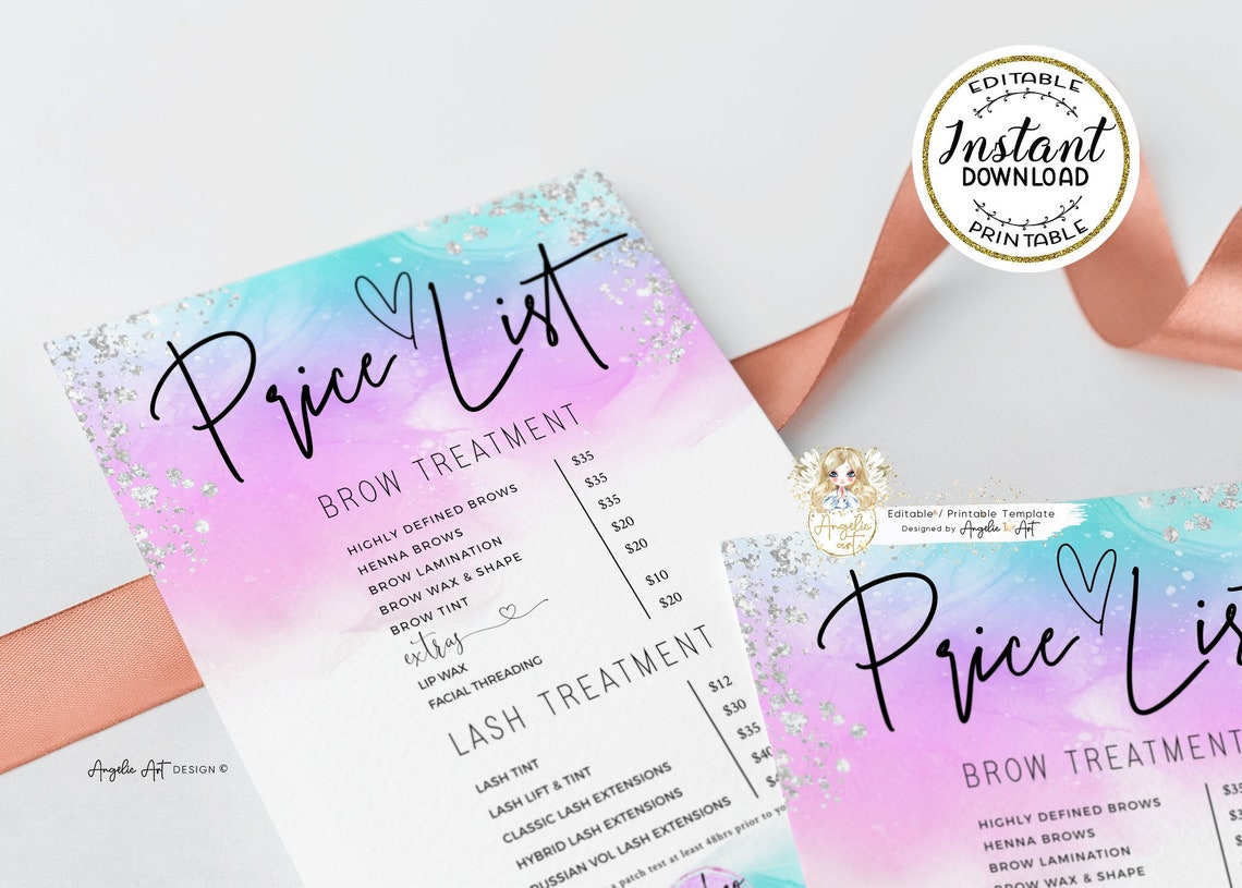 DREAMY Lilac Pink Blue Price List Template EDITABLE - Etsy