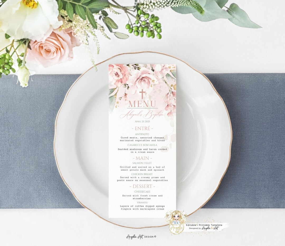 AVA - Blush Pink Floral Baptism Menu Templat, EDITABLE Printable ...