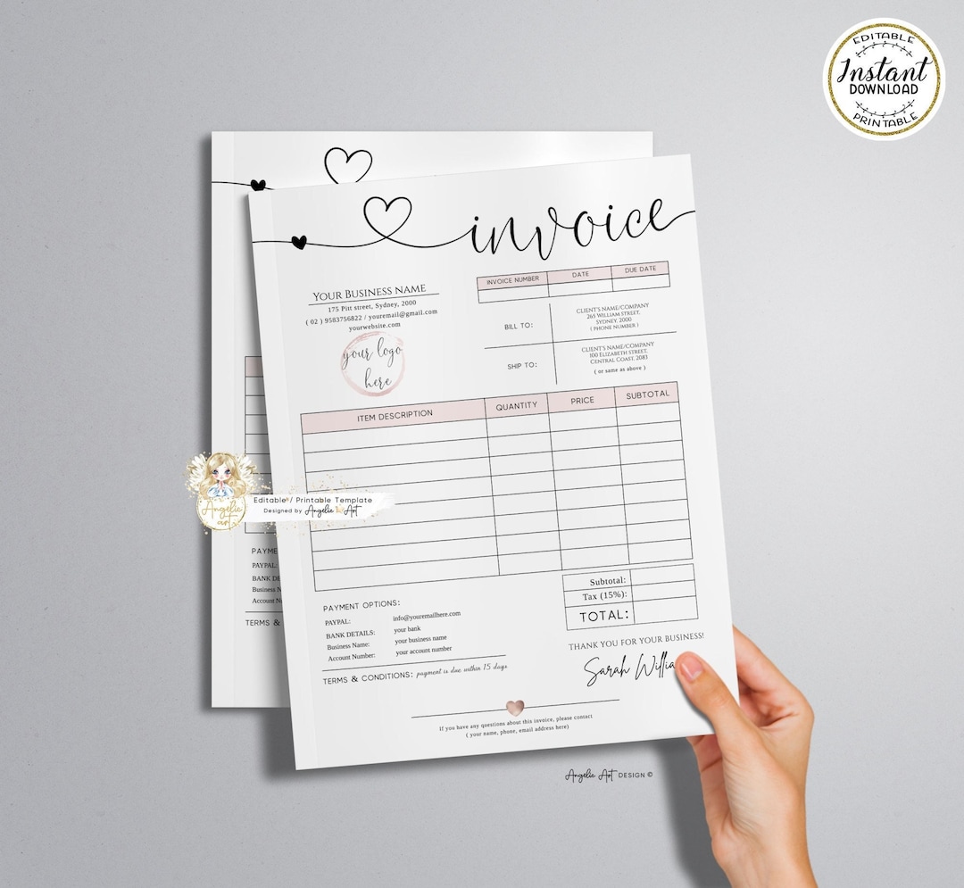 Modern Editable Printable Blush INVOICE Form Template, Billing Form - Etsy