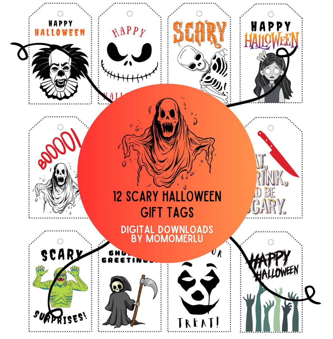 12 Scary Halloween Digital Printable Tags, Grim Reaper, Zombies, Voodoo ...