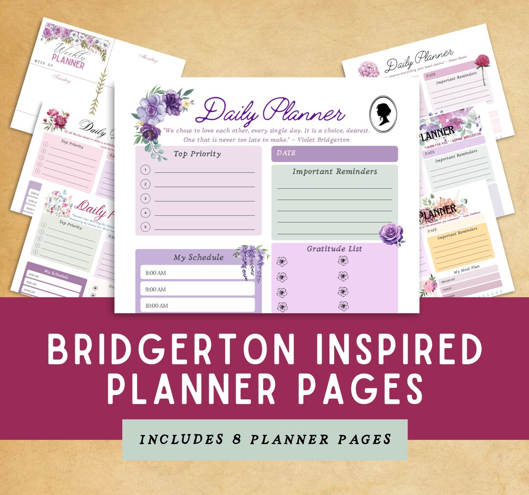 BRIDGERTON DAILY PLANNER Pages 8 Page Set | Hourly Schedule, Reminder ...