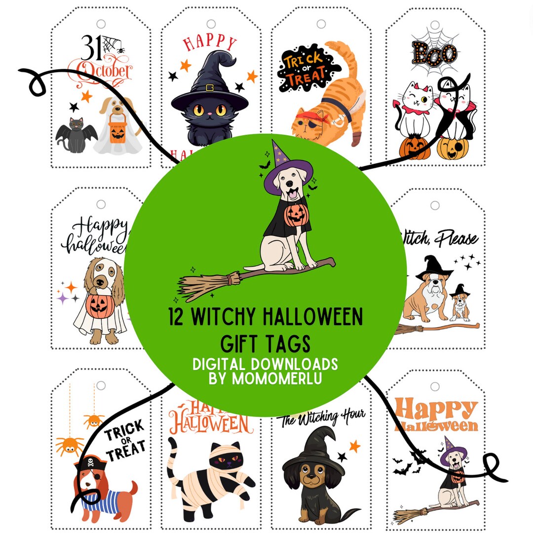 12 Cute Halloween Digital Printable Tags, Friendly Ghosts, Witches ...