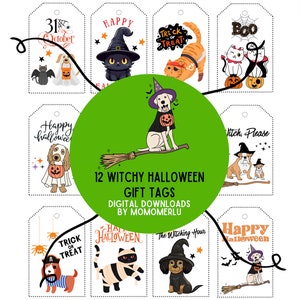 12 Cute Halloween Digital Printable Tags, Friendly Ghosts, Witches ...