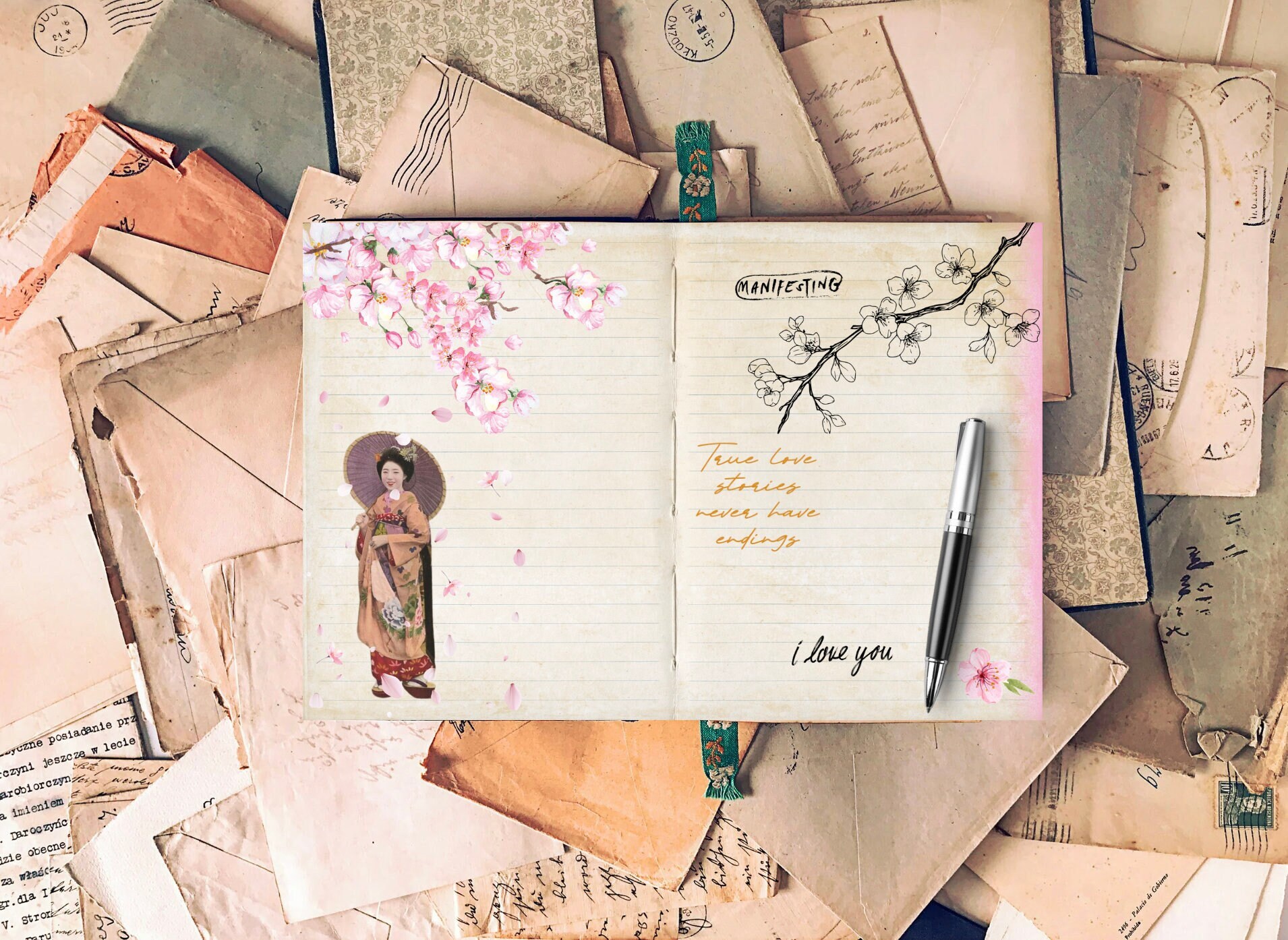 Printable Junk Journal Inside Page | Sakura Cherry Blossoms Lined Full ...