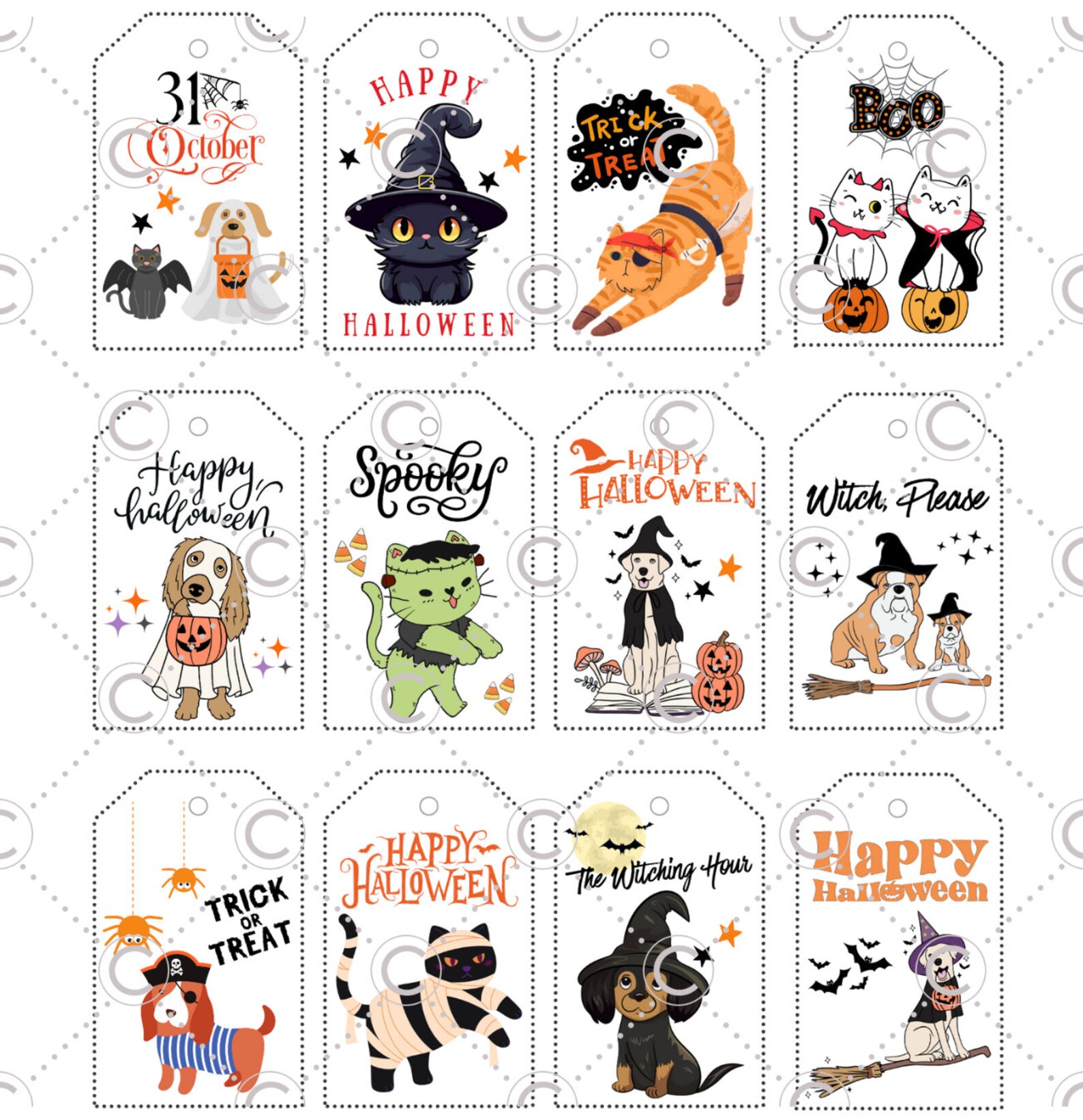 12 Cute Halloween Digital Printable Tags, Friendly Ghosts, Witches ...