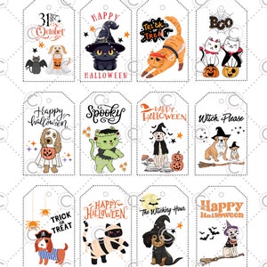 12 Cute Halloween Digital Printable Tags, Friendly Ghosts, Witches ...