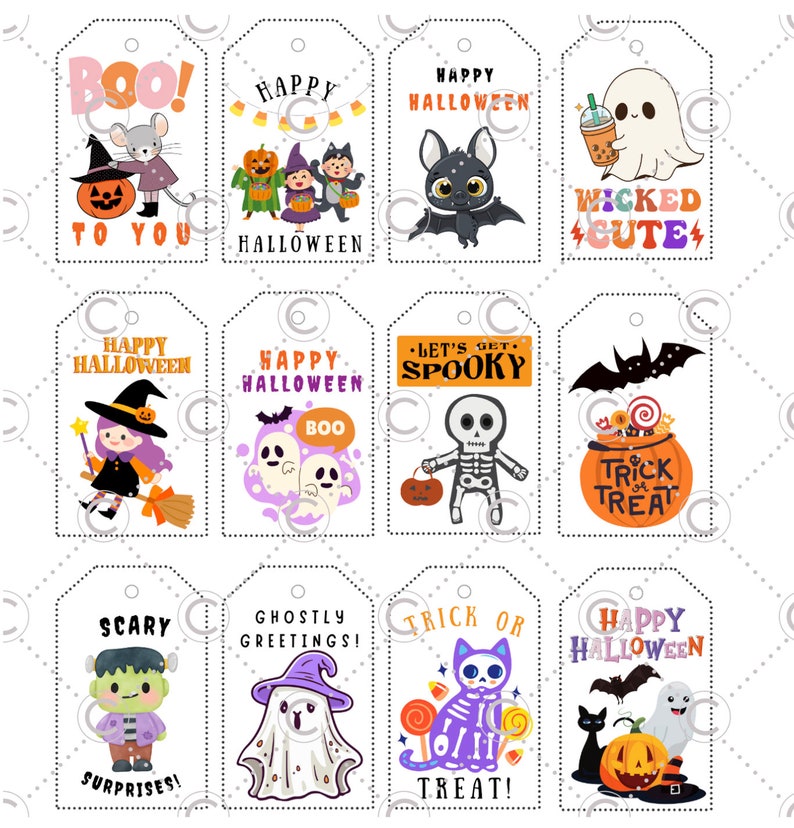 12 Cute Halloween Digital Printable Tags, Friendly Ghosts, Witches ...