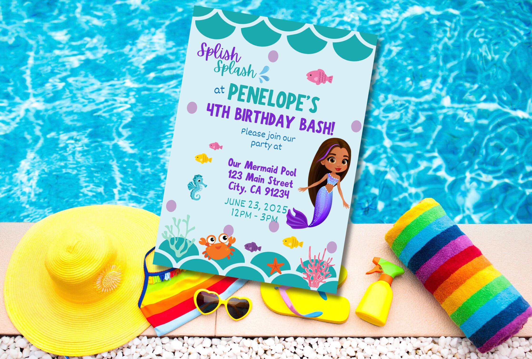 Mermaid Pool Party Birthday Invitation Template in Canva | Purple, Teal ...