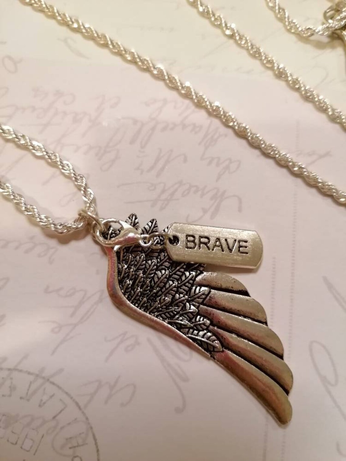 Large Angel Wing Charm Necklace Sterling Silver Rope Chain - Etsy