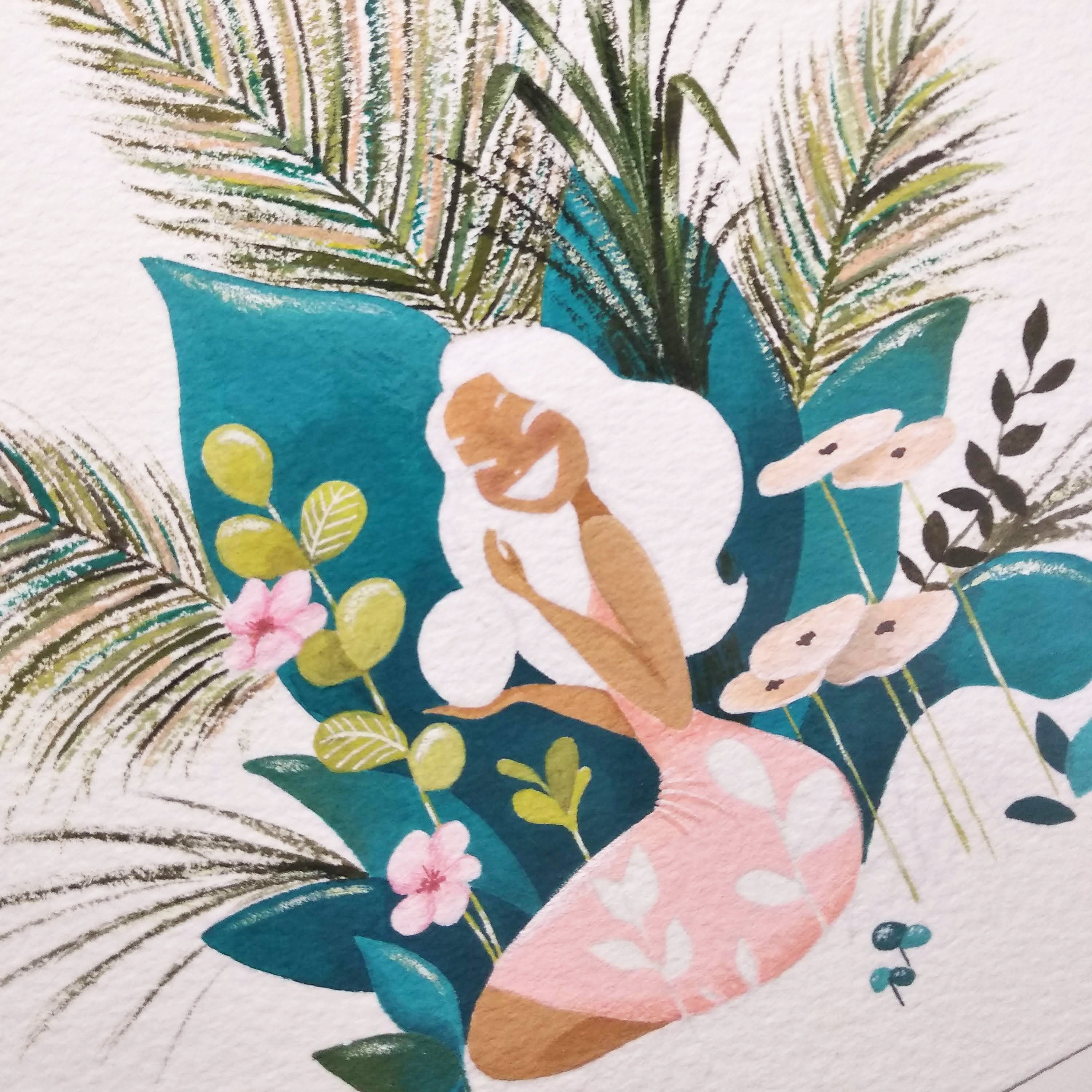 Tiki Girl Original Gouache Painting Green and Pink - Etsy