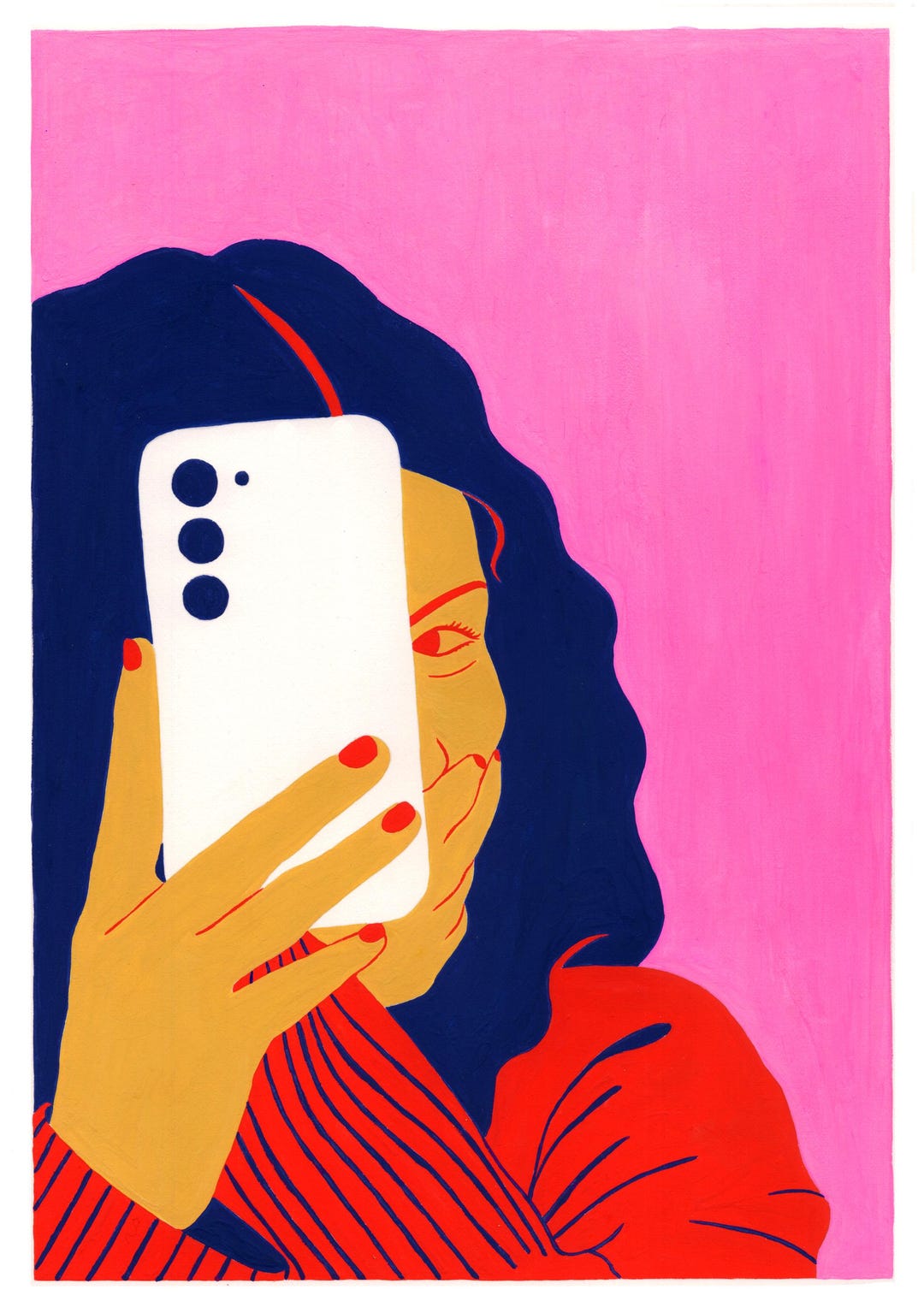 Cute Girl on Phone, Shy Girl Portrait, Colorful, Pink, Navy, White ...