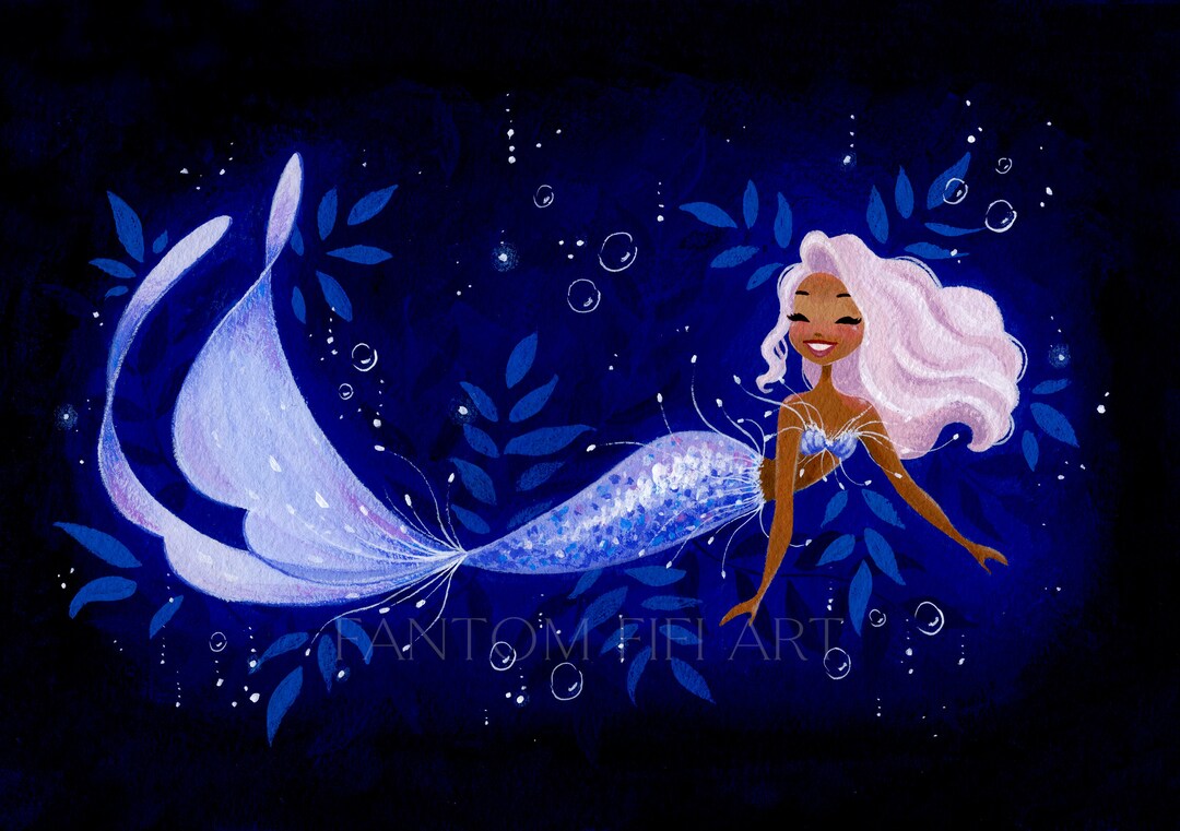 Cute Mermaid, Fine Art Print From Original Gouache Painting, Navy ...